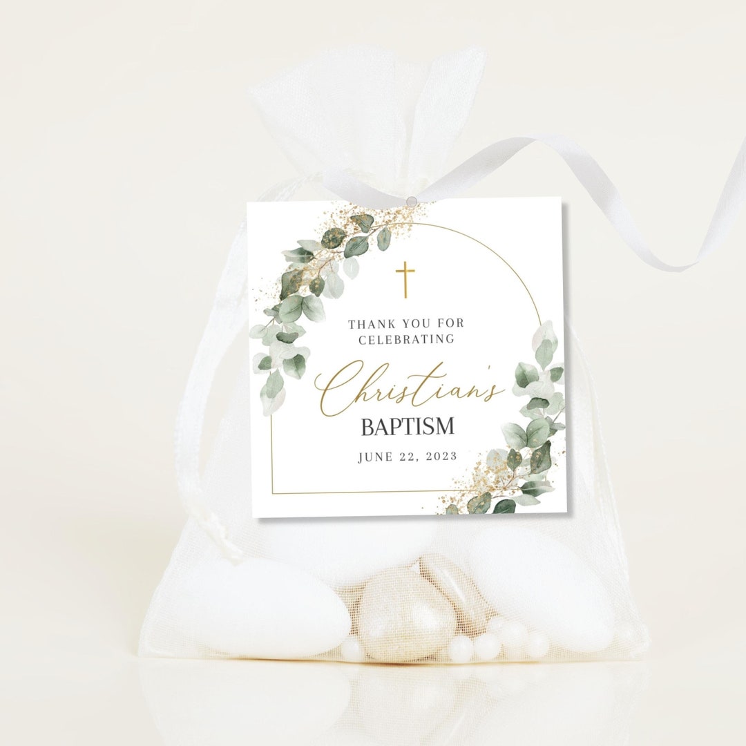 Green Baptism Favor Tag Template, Eucalyptus Green Thank You Tag for ...
