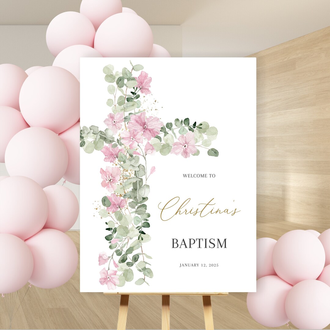 Pink Baptism Welcome Sign, Printable Baptism Poster , Pink Christening ...
