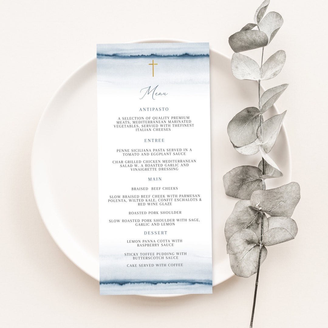 Blue Baptism Menu Template, Navy Blue Menu, Christening Menu, Baptism ...