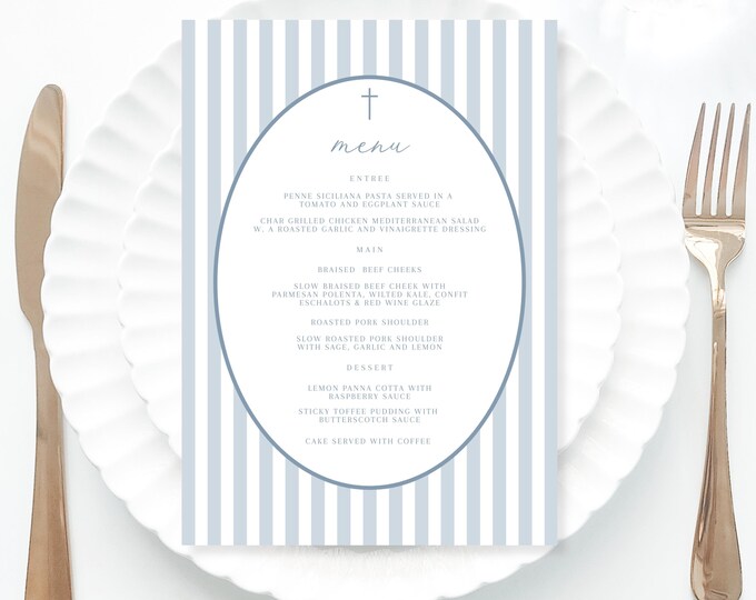 Blue Baptism Menu Template, Blue Christening Menu, Modern Blue Stripe ...