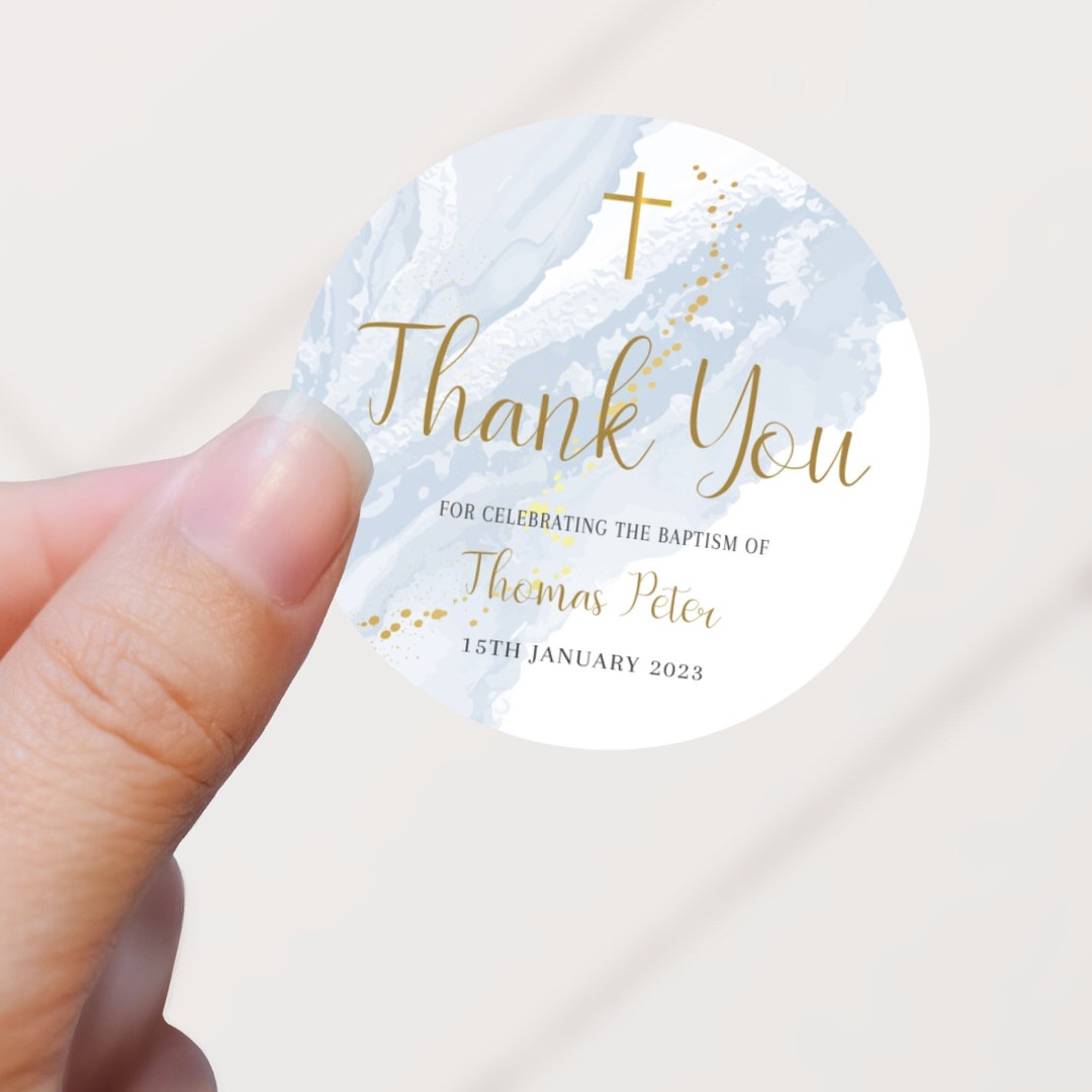 Dusty Blue Baptism Sticker Template, Modern Thank You Tag, Gold, Thank ...