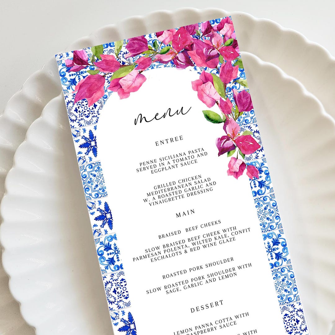 Blue Tiles Greece Menu Bougainvillea Digital Invitation, Santorini ...
