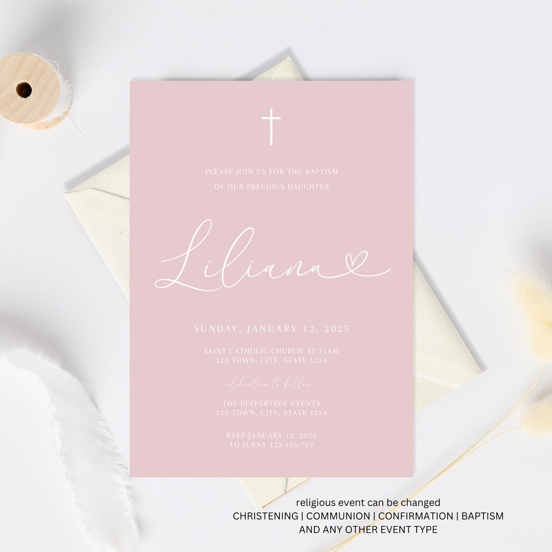 Pink Baptism Invitation Girl, Christening Invitation, Pink Baptism ...