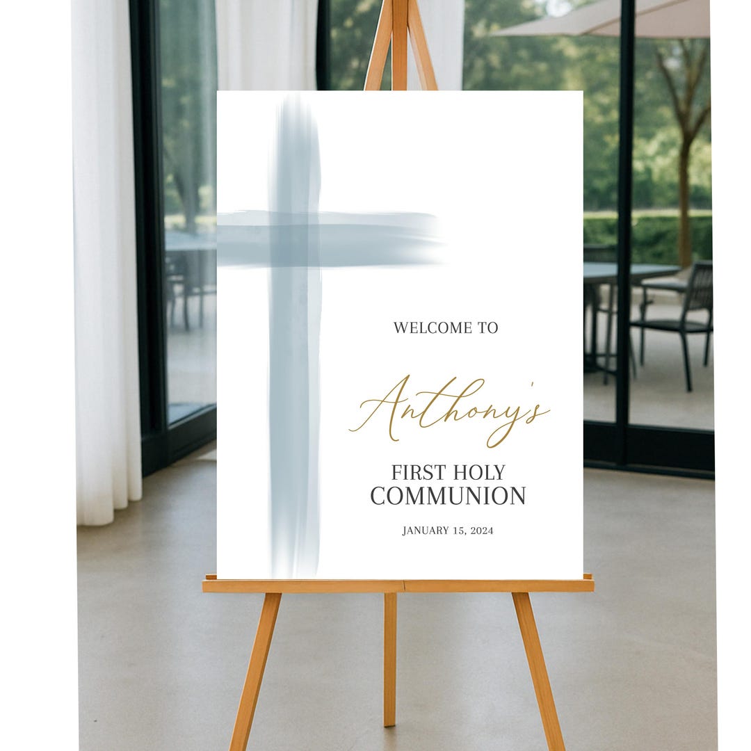 First Holy Communion Blue WELCOME POSTER Editable Watercolor Blue Cross ...