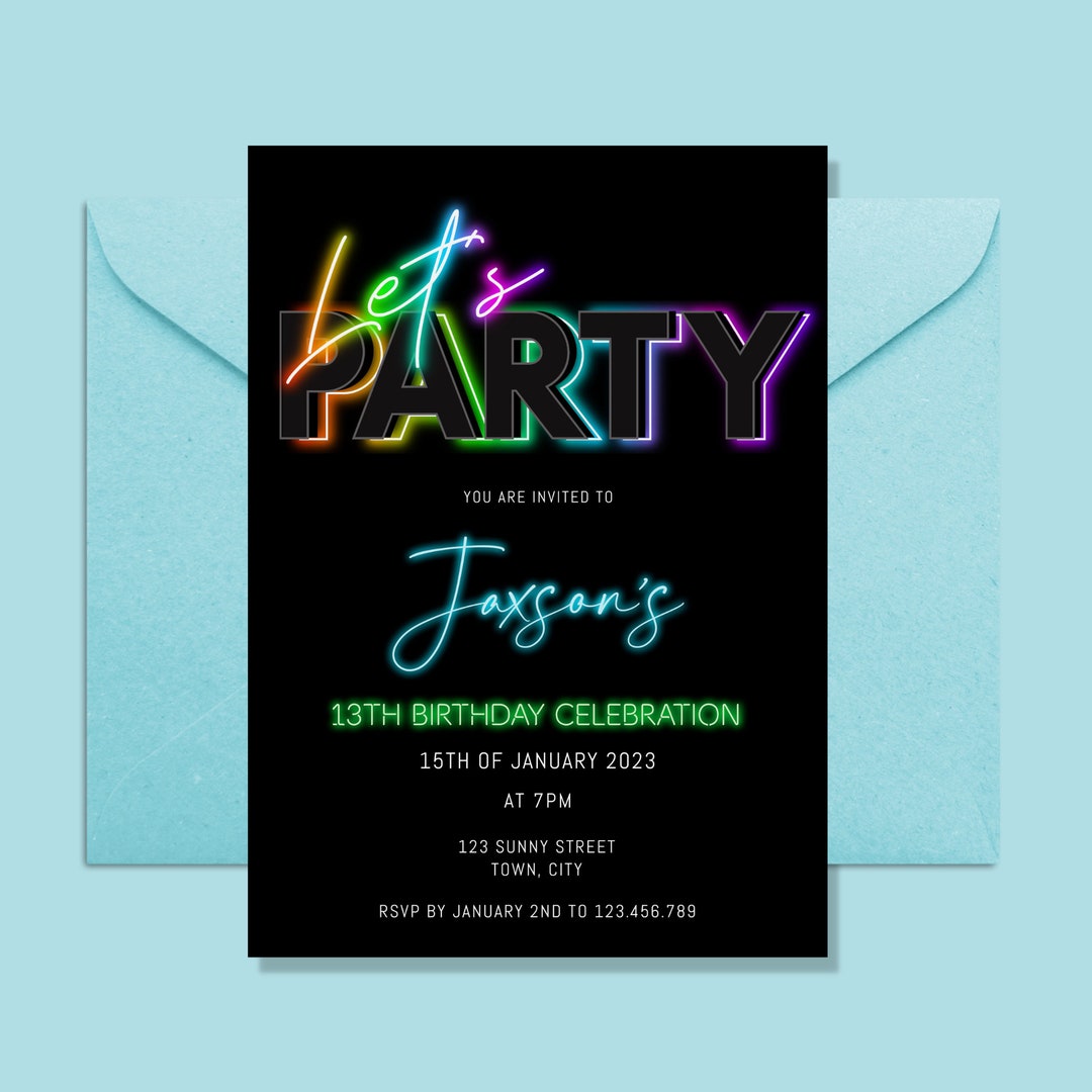 Neon Light Birthday Invitation, Glow Party, Teen Invite, Adult Invite ...