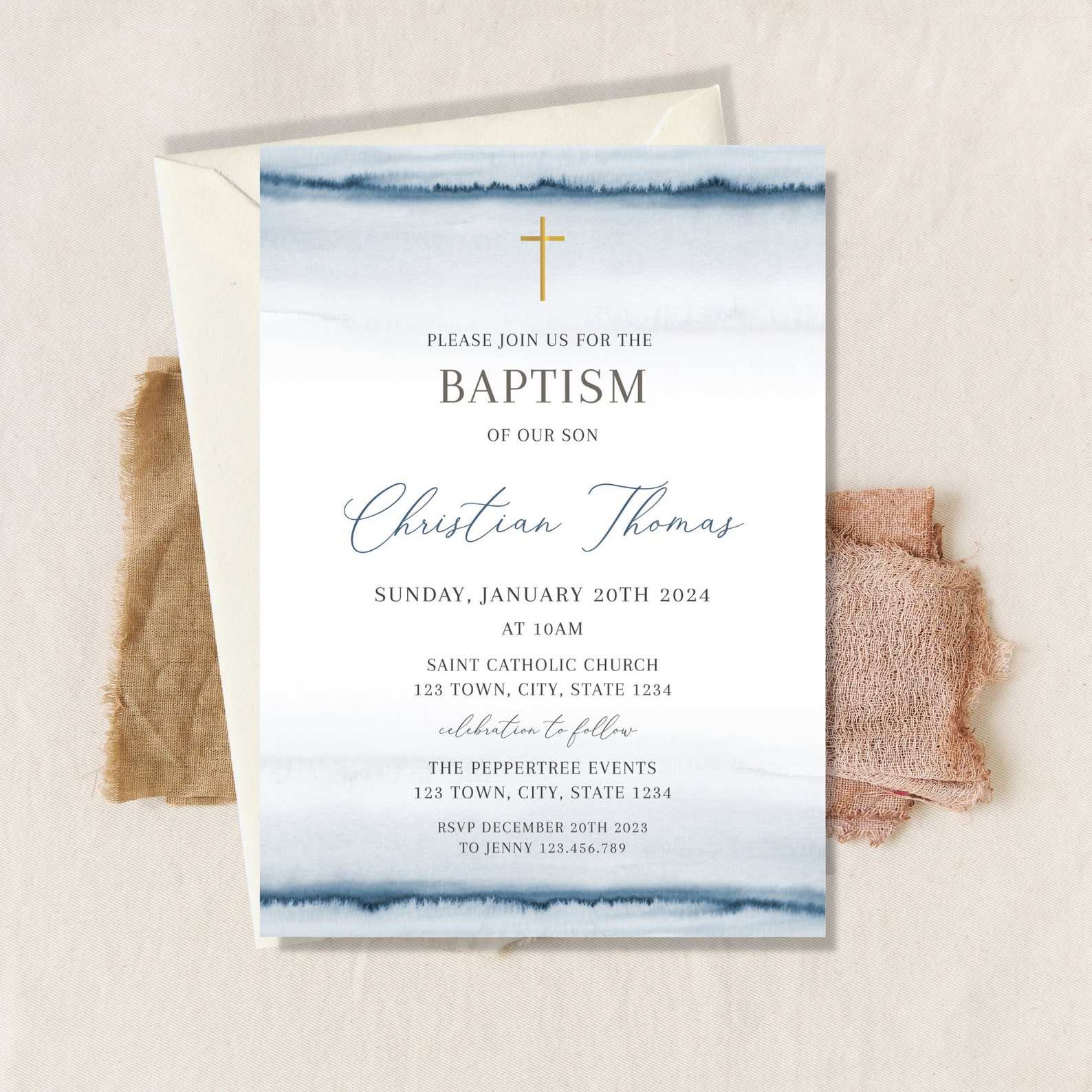 Navy Blue Boy Baptism Invitation, Christening Boy Invitation Template ...