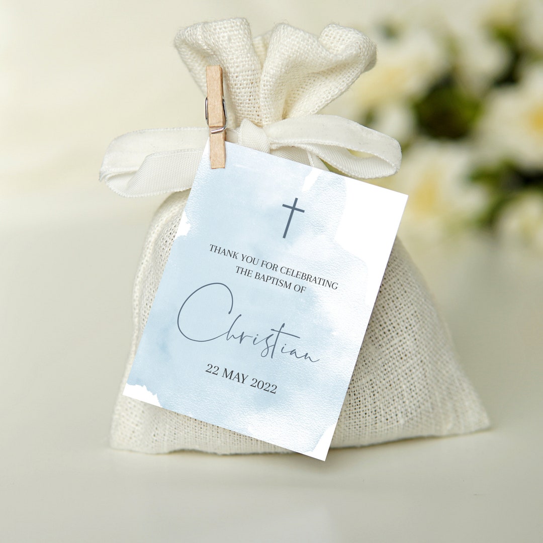 Dusty Blue Watercolor Baptism Favor Tag Template, Modern Thank You Tag ...