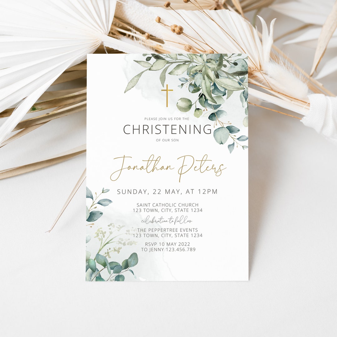 Christening Invitation Template, Printable Baptism Invite, Watercolor ...