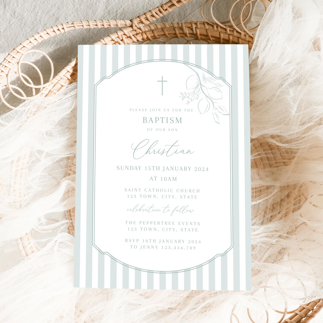 Baptism Invitation Boy Lemon Theme – Mediterranean Striped Christening ...