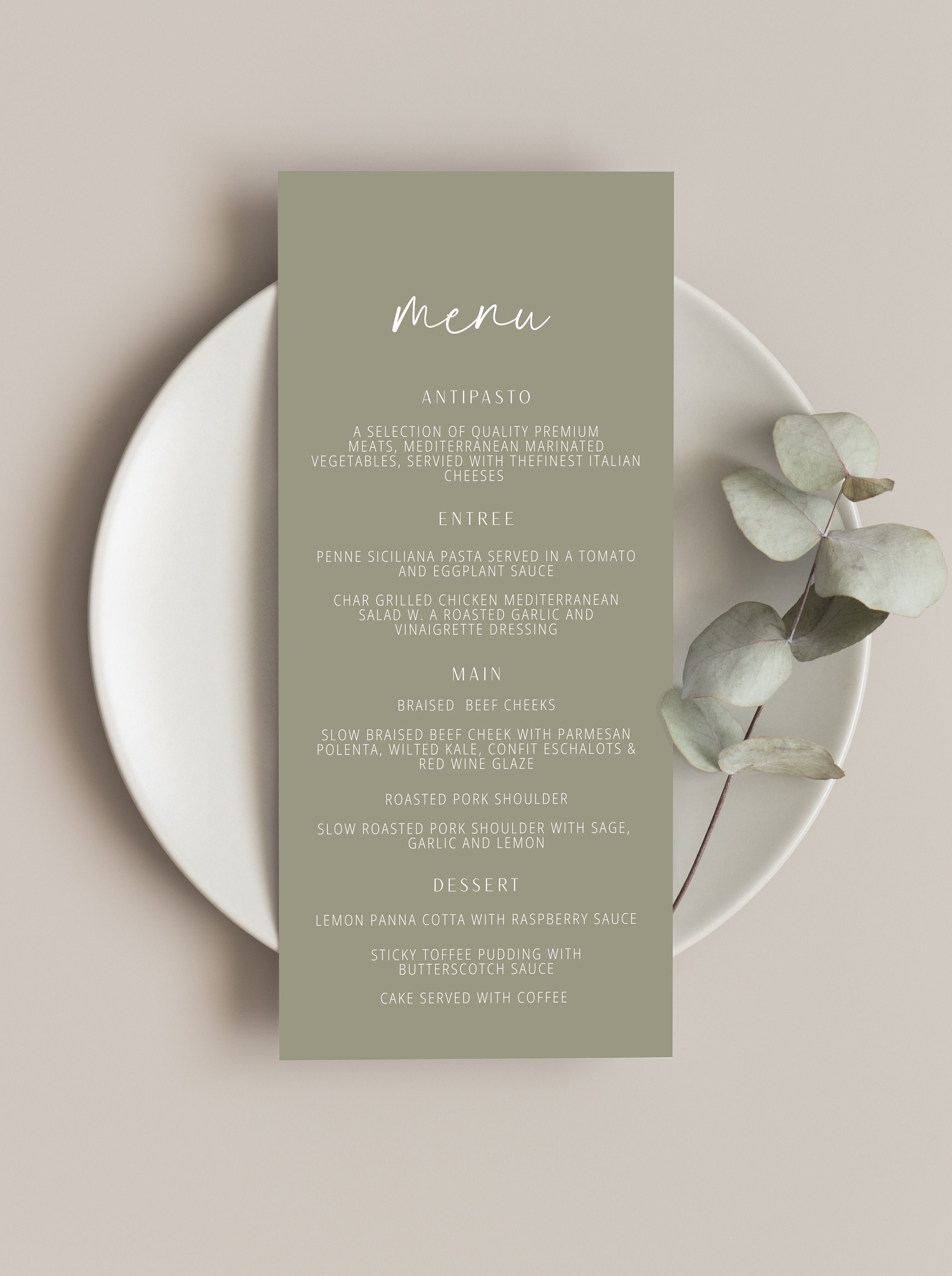 Olive Green Menu Template Add Guest Names Modern Wedding - Etsy