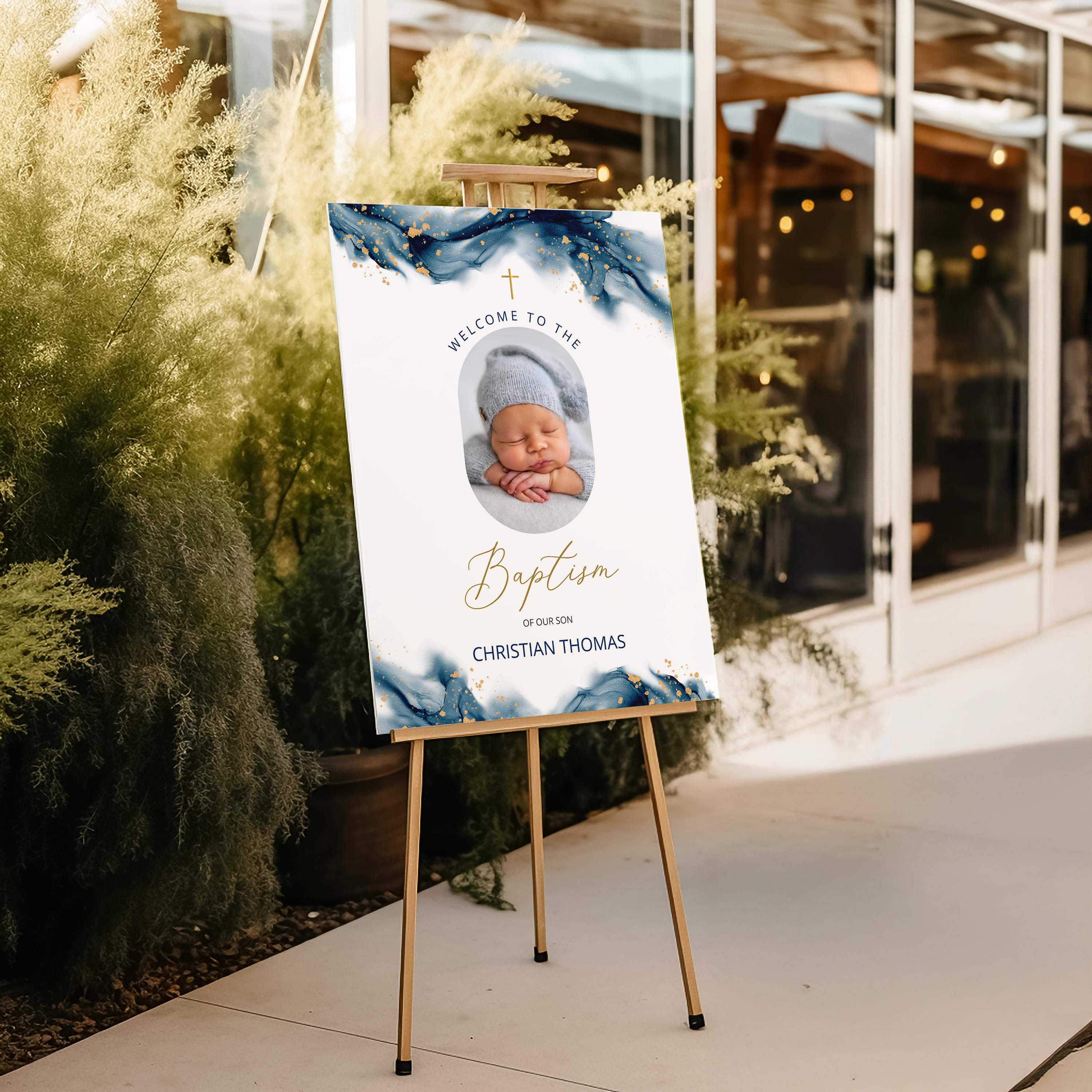 Navy Blue Baptism Welcome Sign With Photo, Navy Blue Christening ...