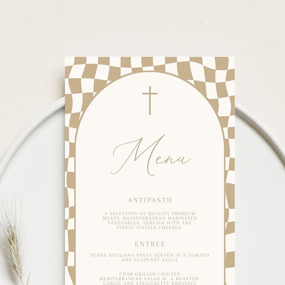 Retro Tan Checked Menu Template, Retro Boy Baptism Menu, Modern Menu ...