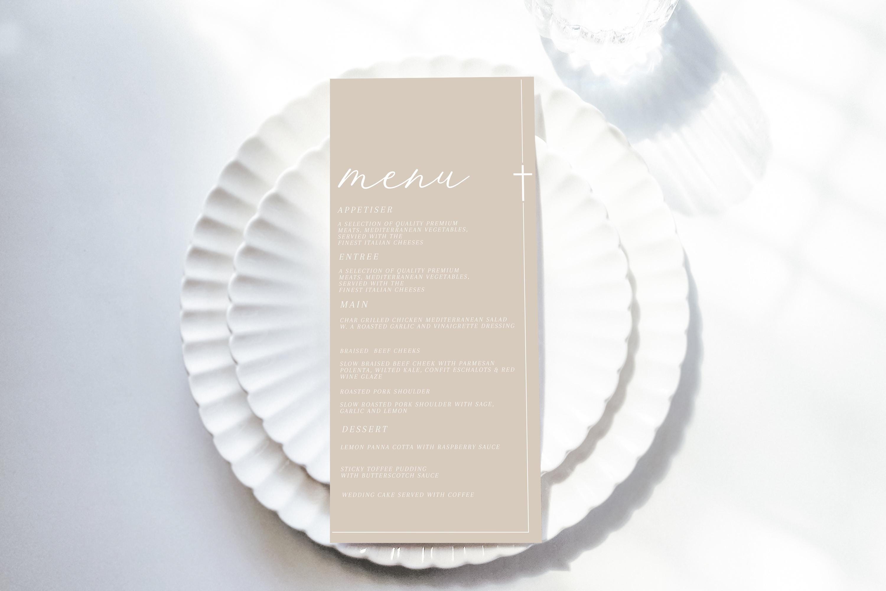 Beige Menu Template,beige Baptism Menu, Modern Menu Printable ...
