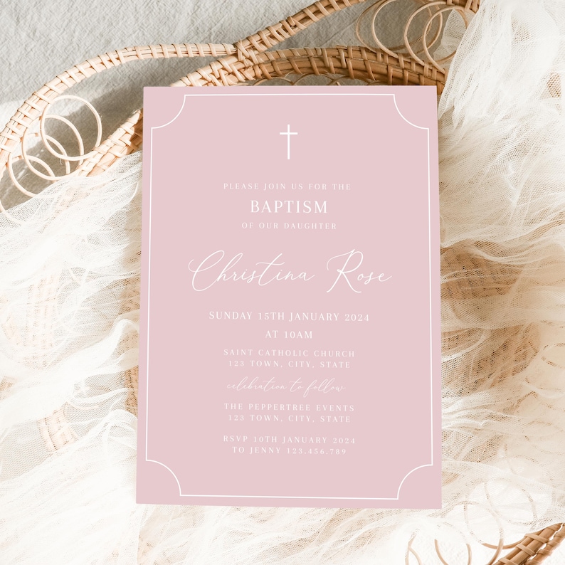 Pink Baptism Invitation Girl, Christening Invitation, Elegant Pink ...