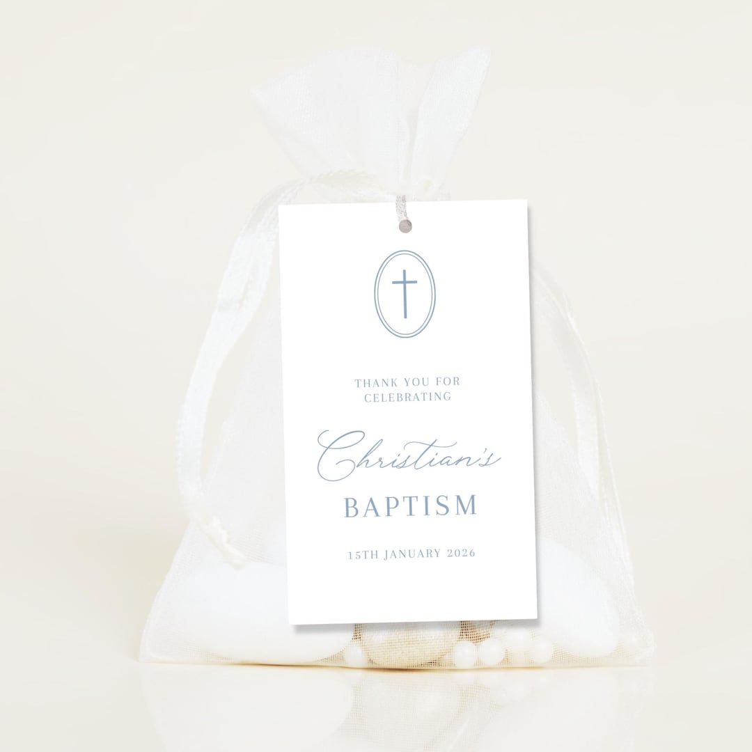 Dusty Blue Baptism Favor Tag Template, Printable Christening Gift Tags ...