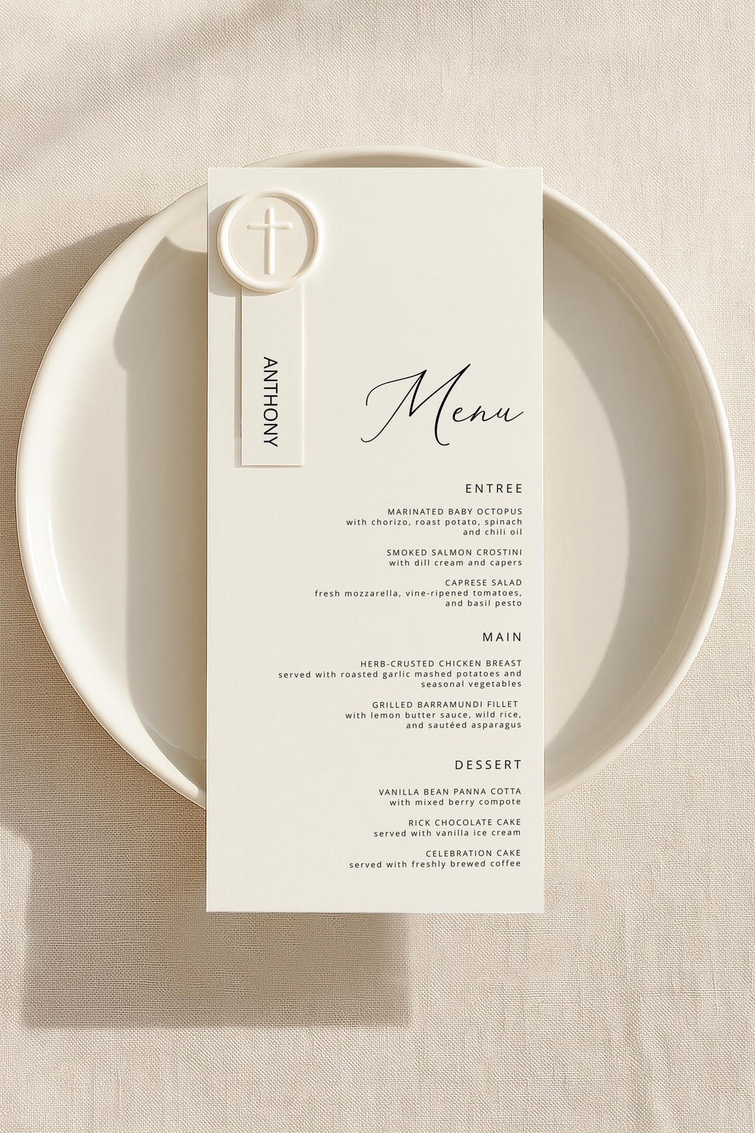 White Baptism Menu Template and Place Card, Baptism Placecard Menu ...