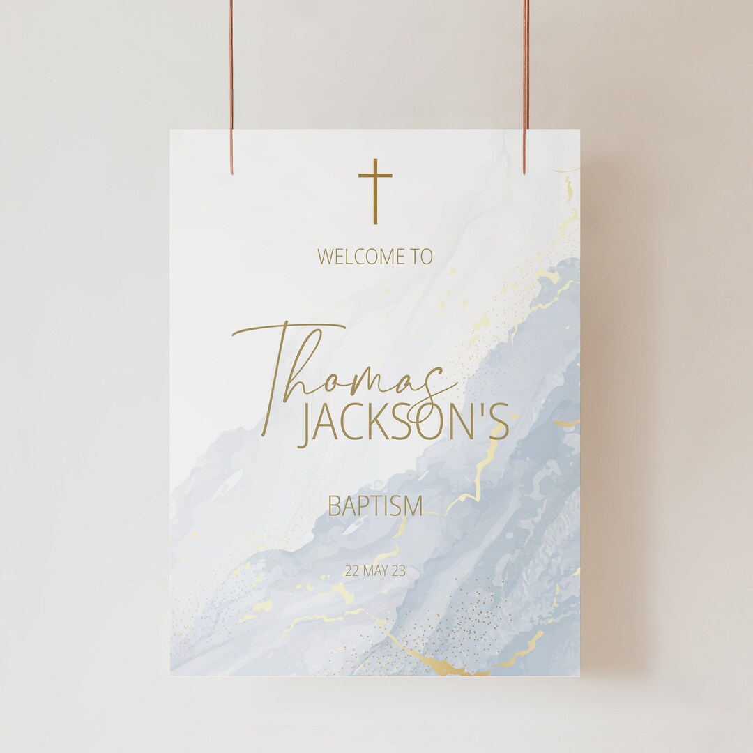 Dusty Blue WELCOME POSTER Editable Gold White Baptism / Holy Communion ...