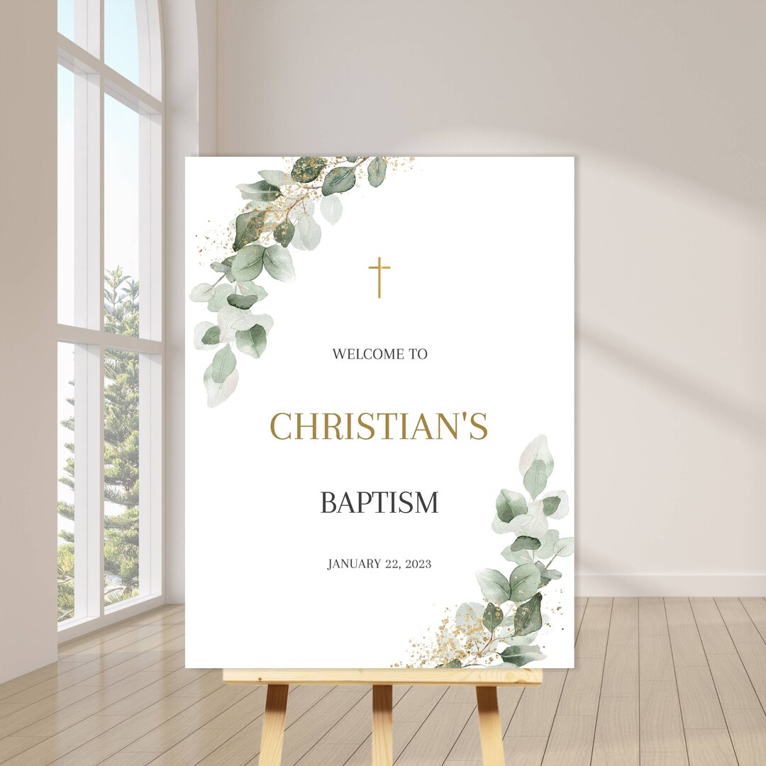 Green Eucalyptus WELCOME POSTER Seating Editable Gold White Baptism ...