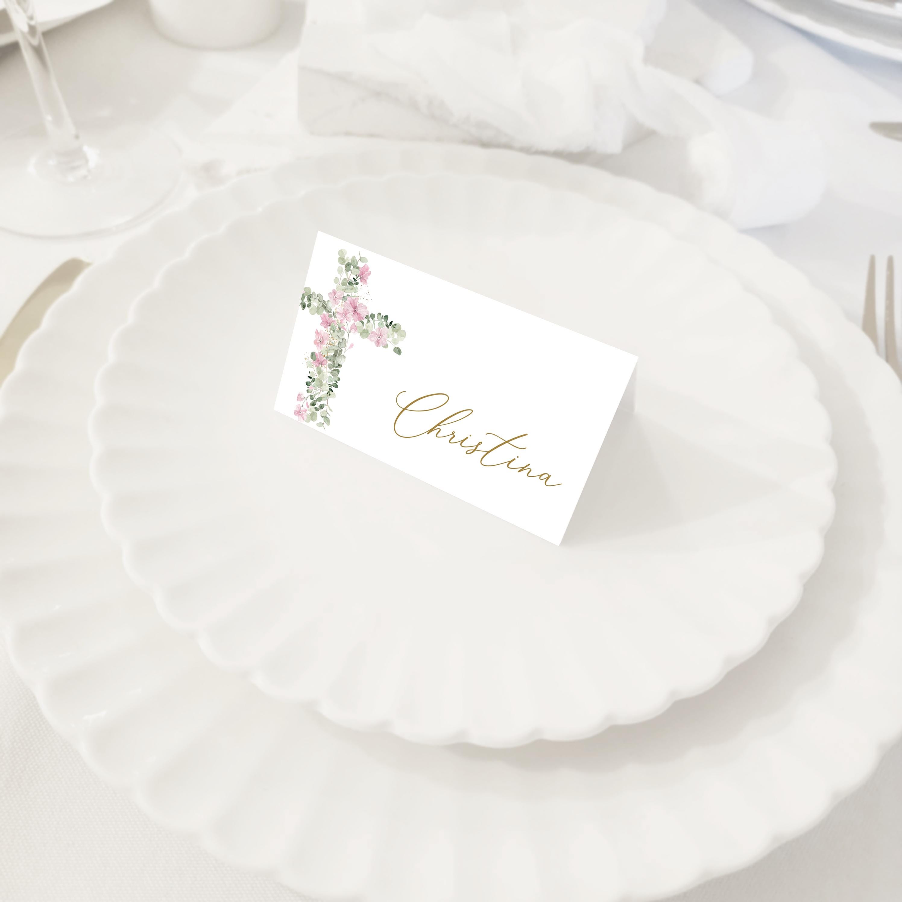 Pink Flower Editable Place Card Template, 3.5x2