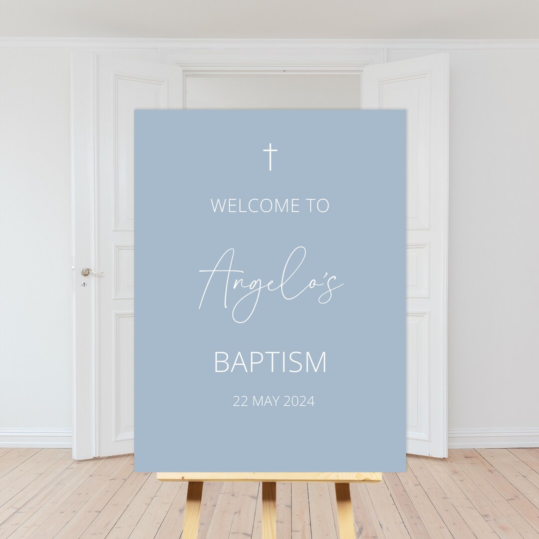 Dusty Blue Baptism Welcome Sign, White Cross Dusty Blue Christening ...
