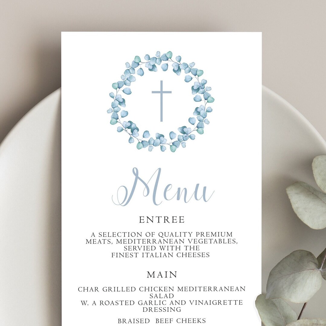 Blue Baptism Menu, Floral Blue Christening Menu, Religious Menu for ...