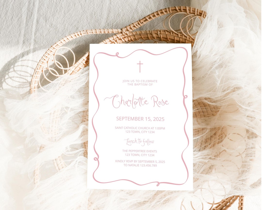 Pink Baptism Invitation Girl, Christening Invitation, Pink Ribbon ...