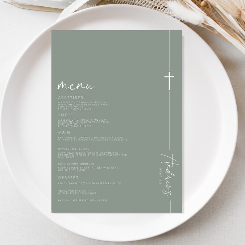 Green Baptism Menu Template Add Guest Names, Modern Baptism Place Card ...