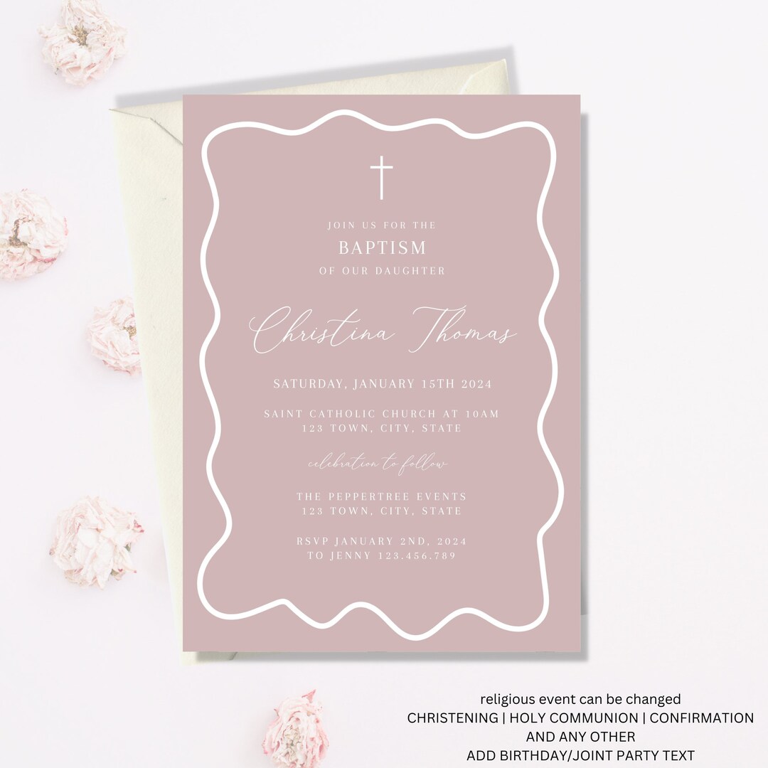 Pink Baptism Invitation Girl, Christening Invitation, Wave Baptism ...