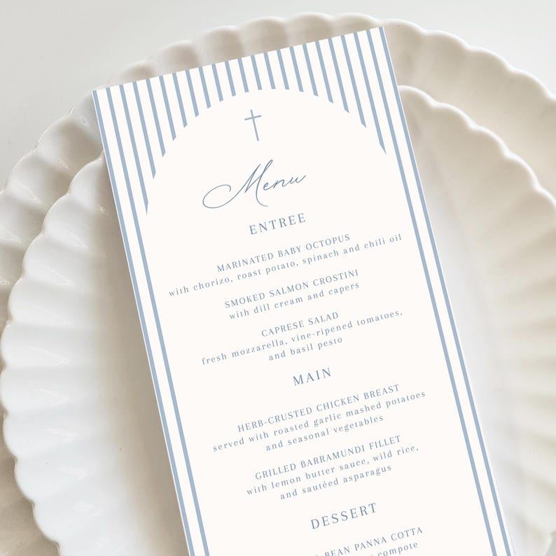 Blue Baptism Menu Template, Dusty Blue Menu, Christening Menu, Baptism ...