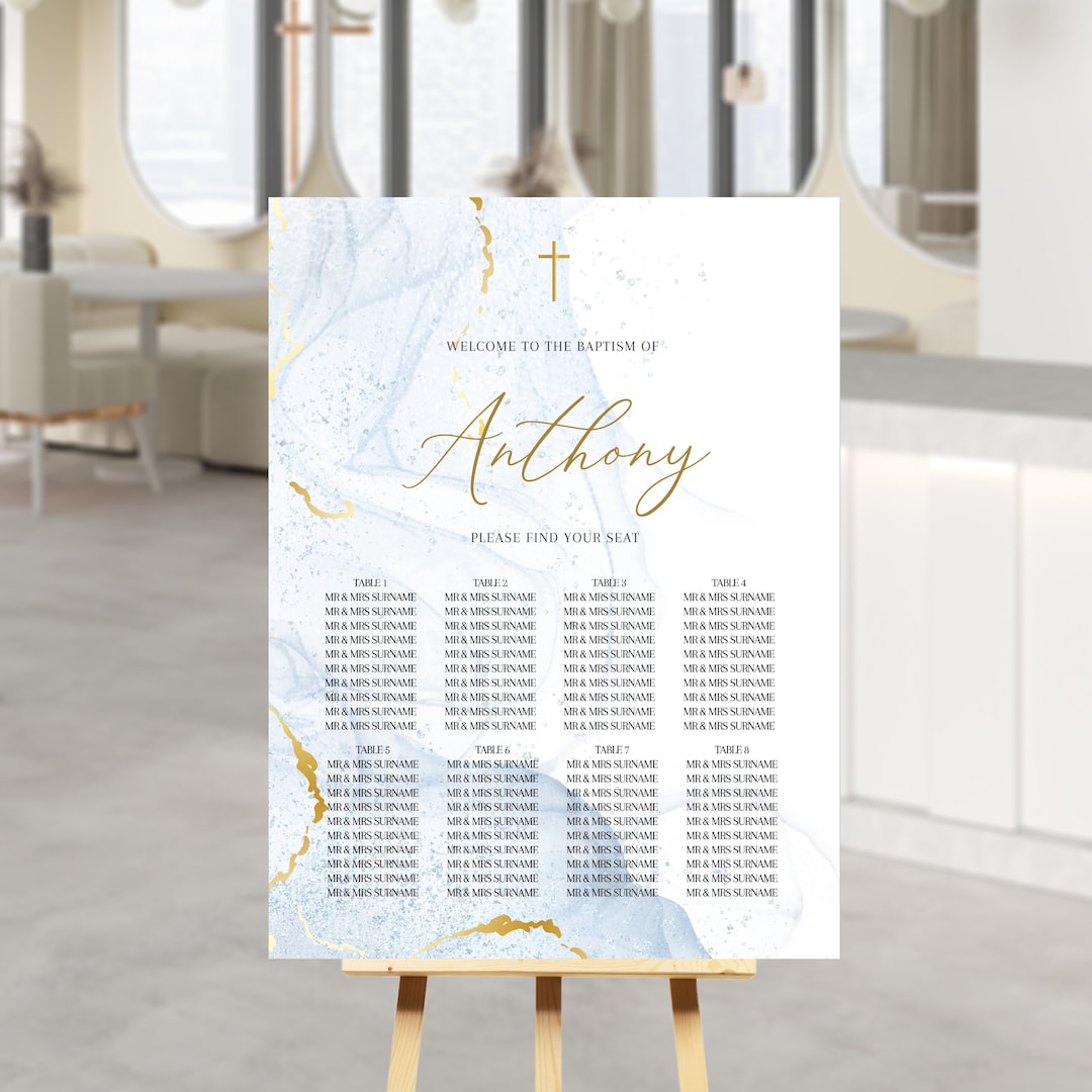 Dusty Blue WELCOME POSTER Seating Editable Gold White Baptism / Holy ...