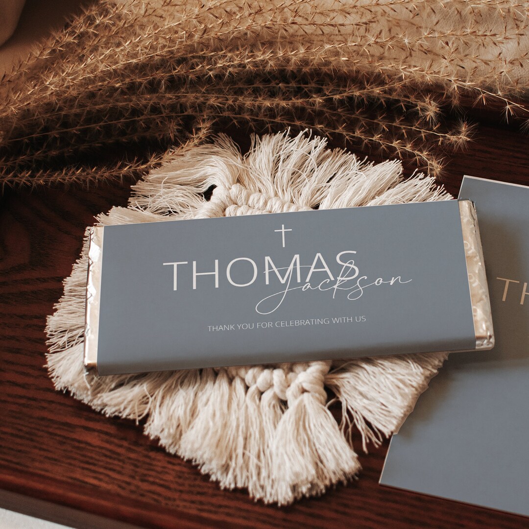 Dusty Grey Blue Chocolate Bar Wrapper Template Modern Baptism - Etsy