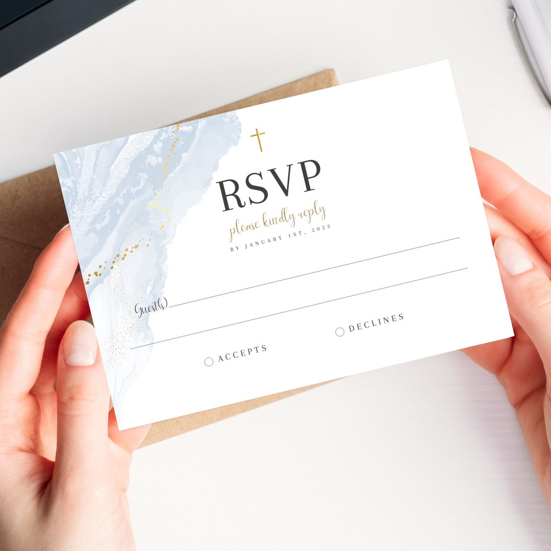 Baptism RSVP Card, Blue Gold RSVP Card, Christening RSVP, Response Card ...