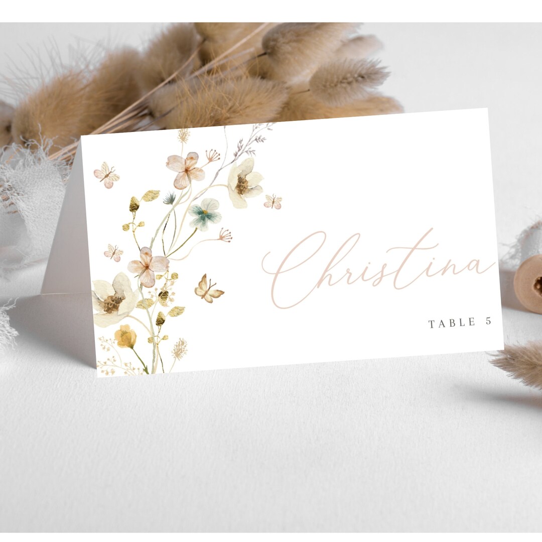 Pink Flower Editable Place Card Template, 3.5x2