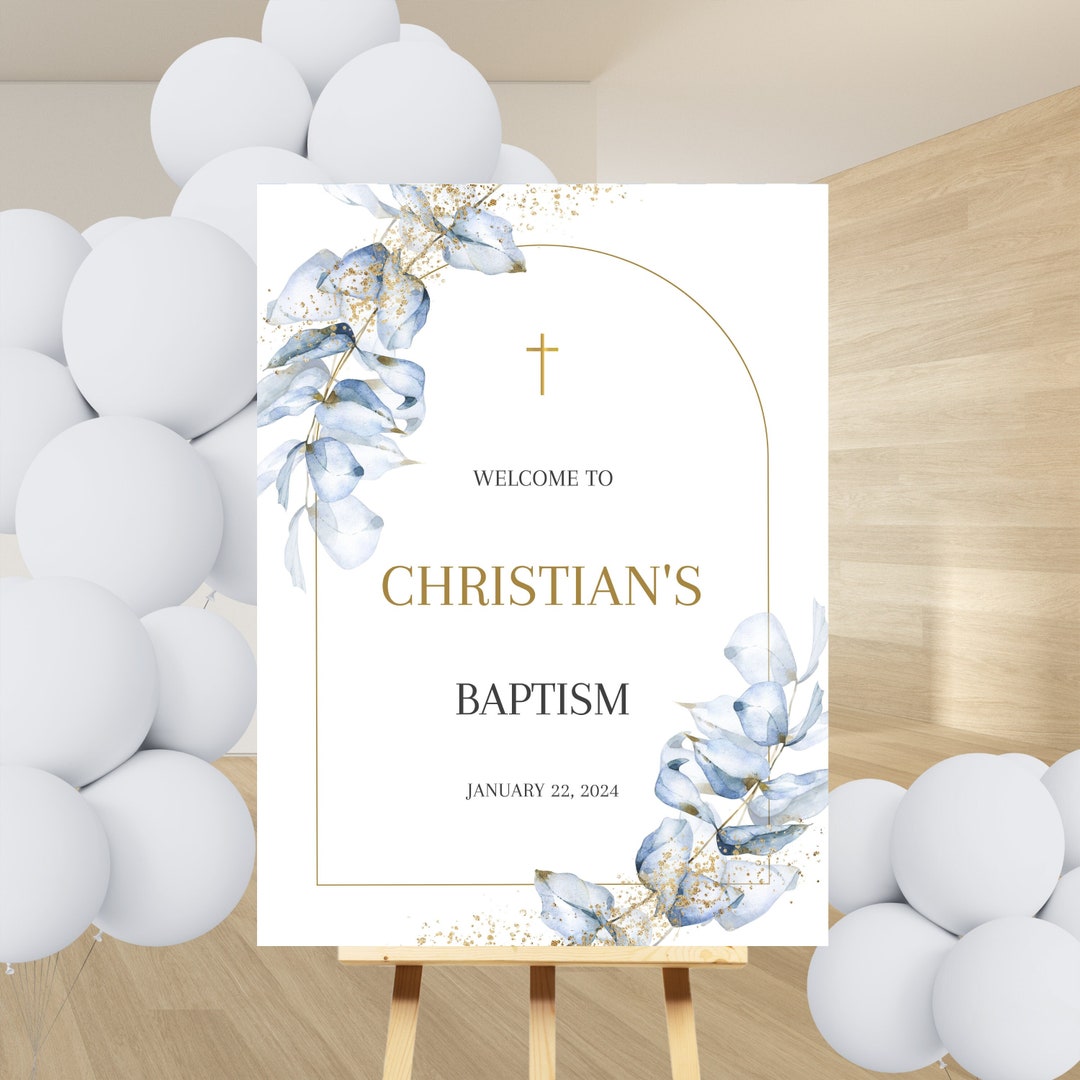 Blue WELCOME POSTER, Editable Gold White Baptism Sign / Christening ...