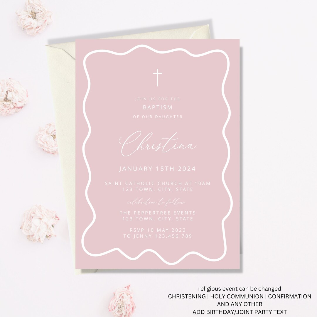 Pink Baptism Invitation Girl, Christening Invitation, Wave Baptism ...