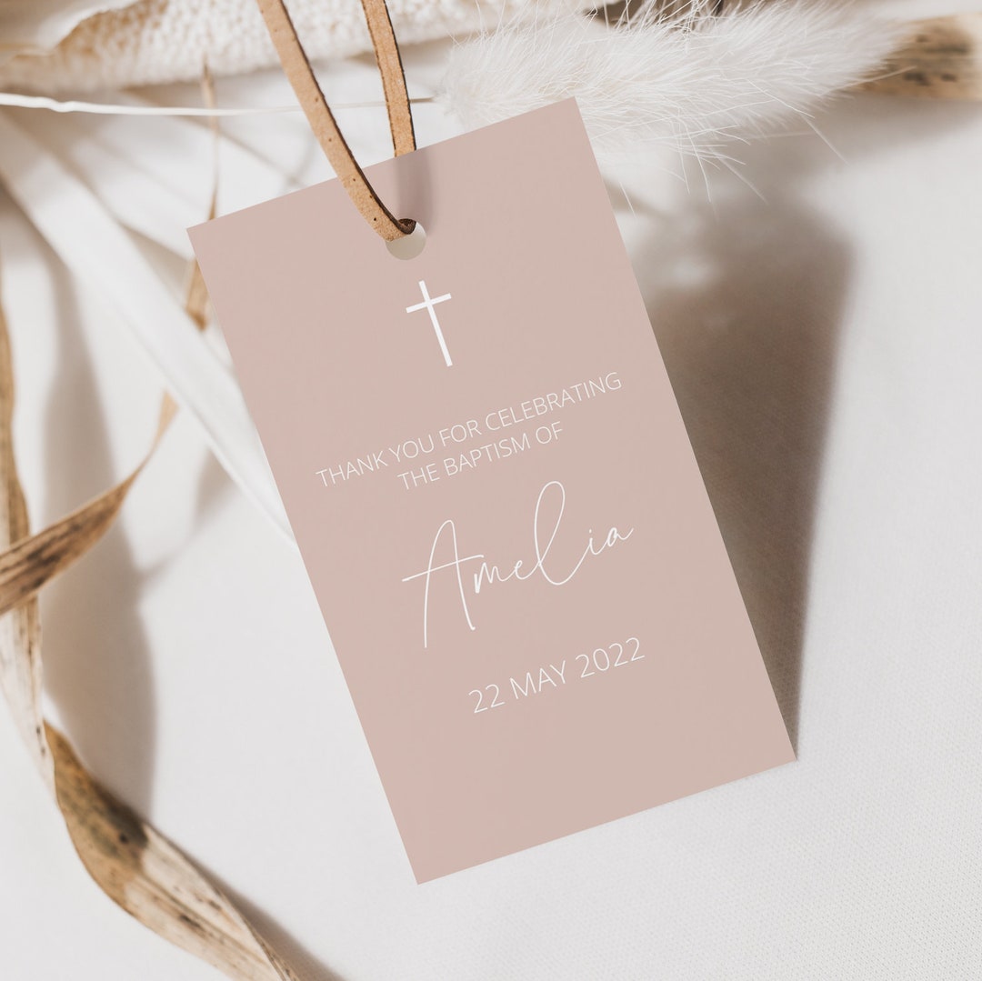 Dusty PINK Baptism Favor Tag Template, Modern Thank You Tag, Gold ...