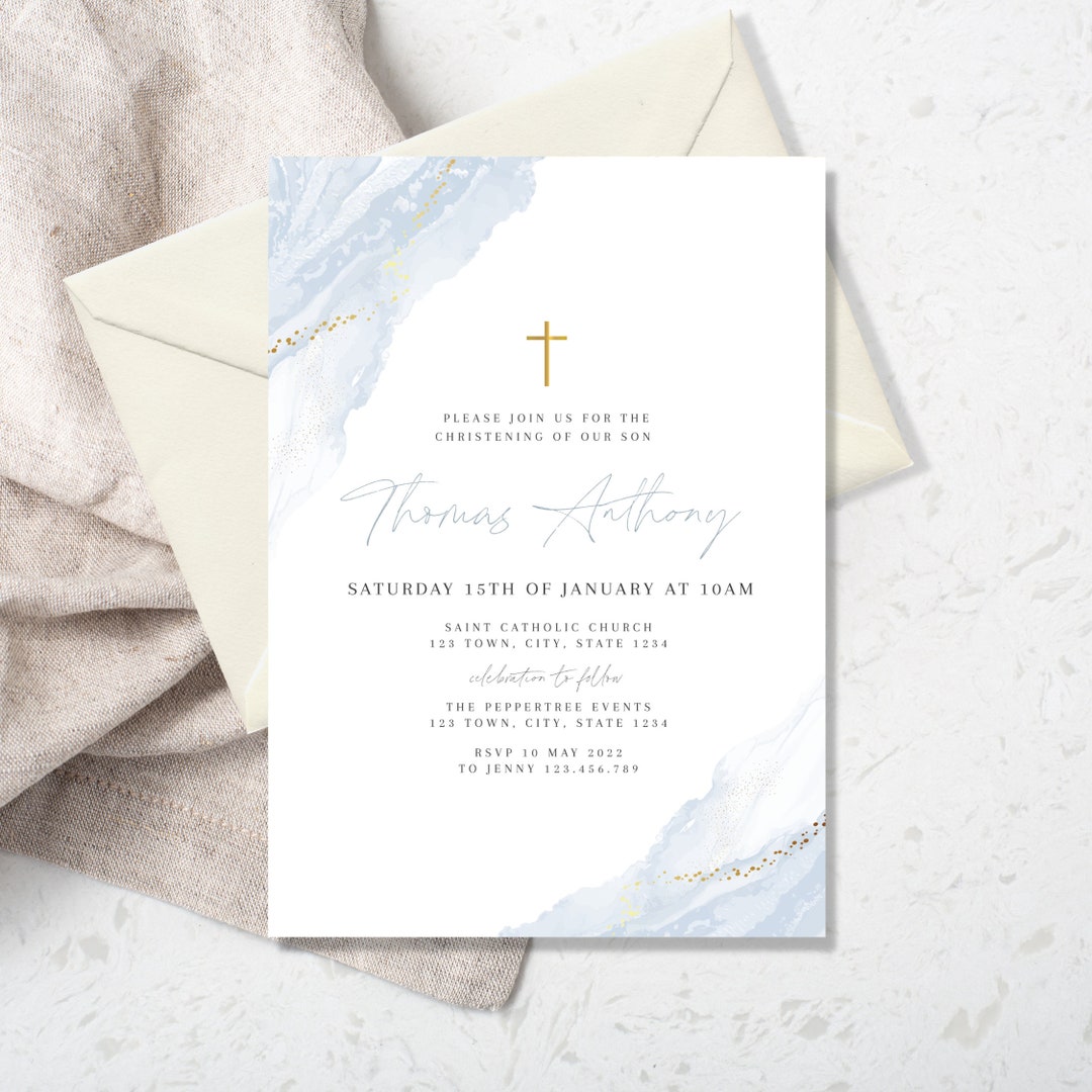 Christening Invitation Boy Baptism Invitation Blue and Gold - Etsy