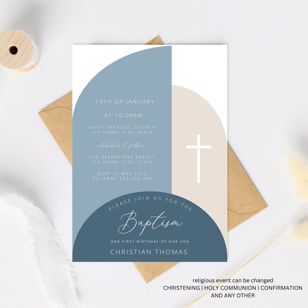 Boy Baptism Invitation, Christening Invite , Dusty Blue Invite, Boys ...