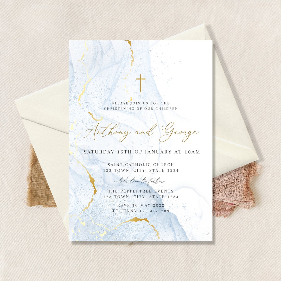 Christening Invitation Boy, Blue Baptism Invitation, Twins Joint ...