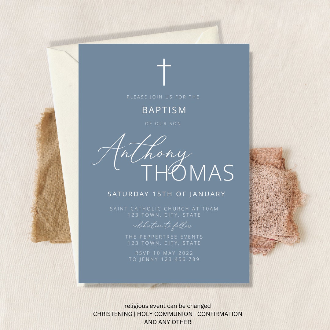 Blue Baptism Invitation Boy, Christening Invite, Dusty Blue Invite ...