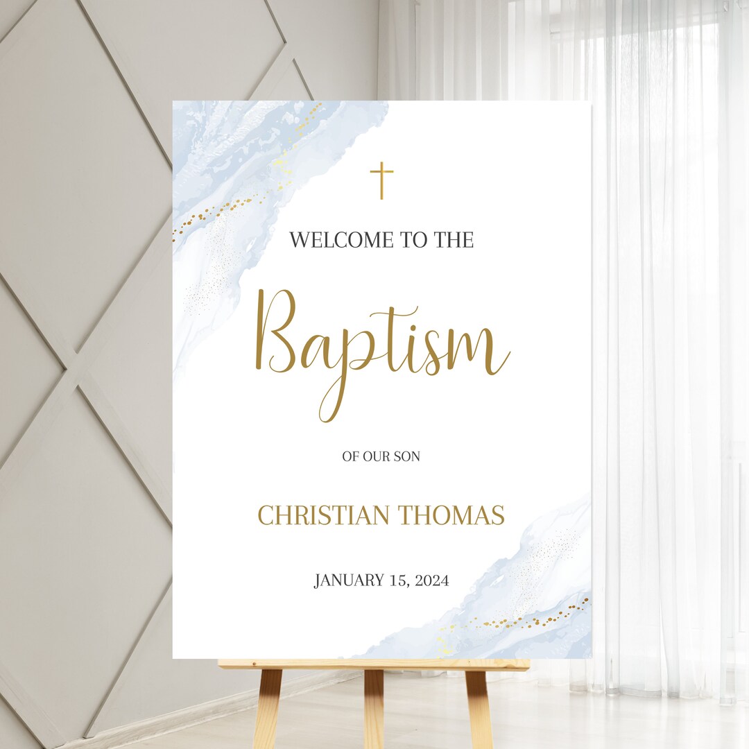 Dusty Blue Baptism Welcome Sign Poster, Gold Cross Dusty Blue ...