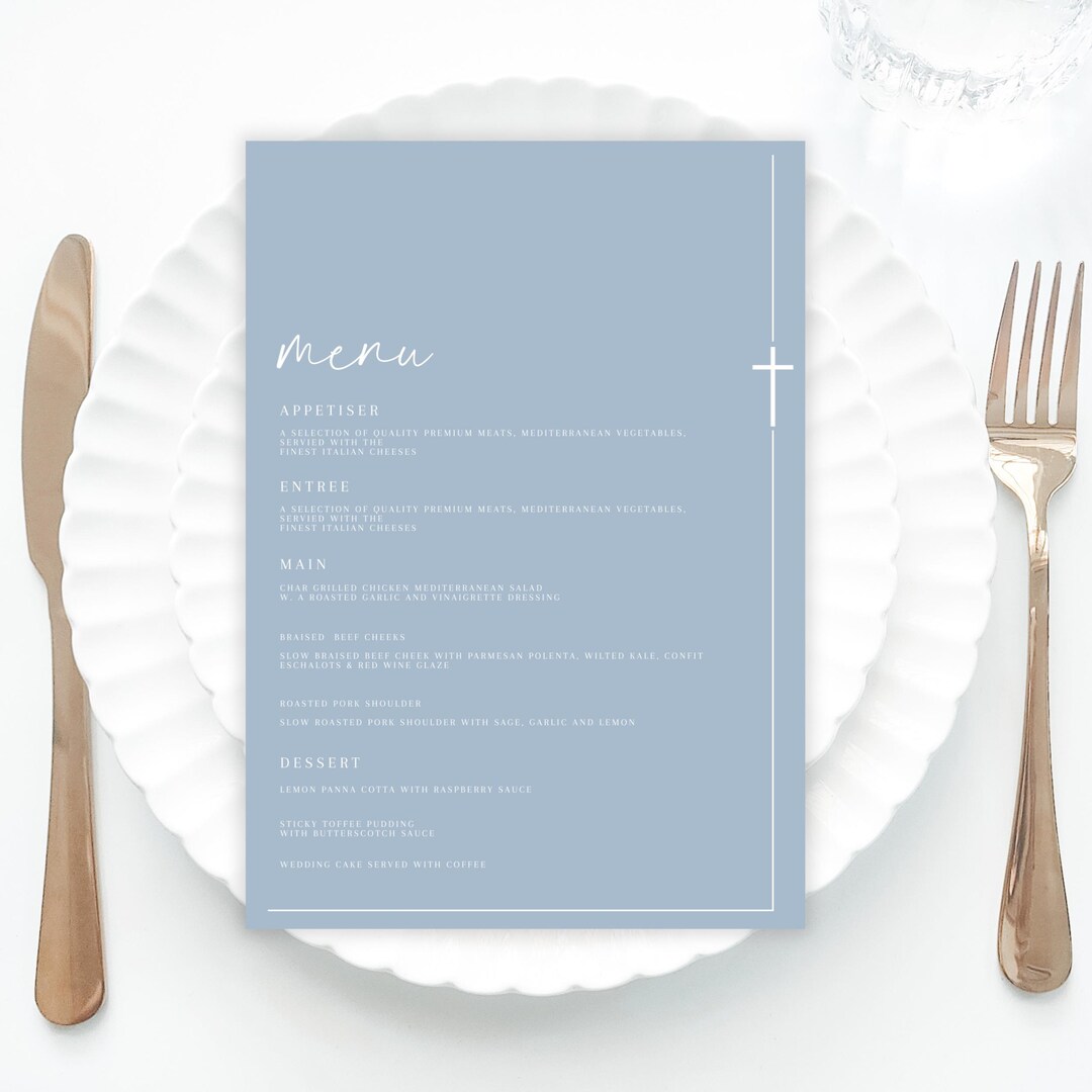 Blue Baptism Menu Template Add Guest Names, Modern Baptism Place Card ...