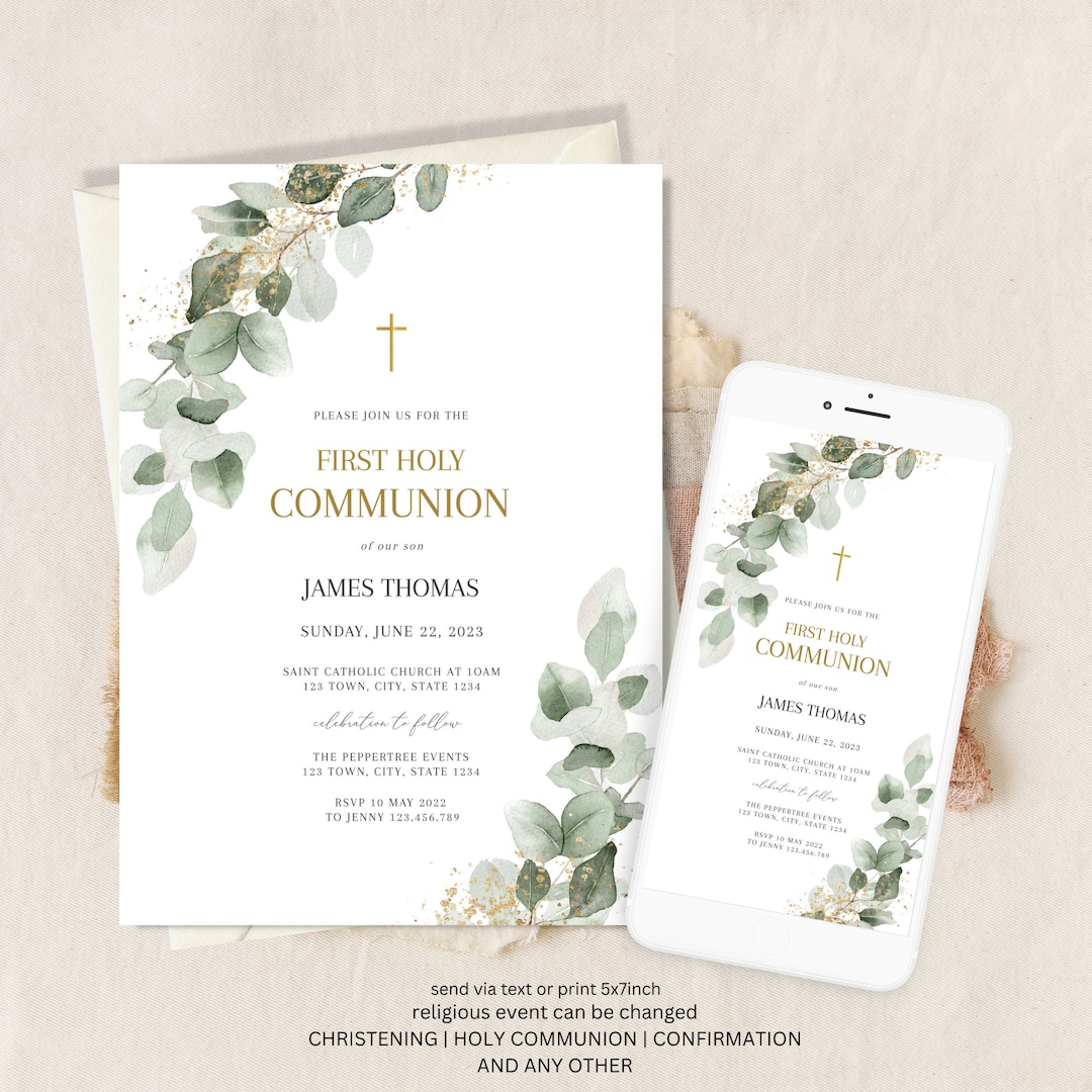 First Holy Communion Invitation Template, Green Holy Communion Invite ...