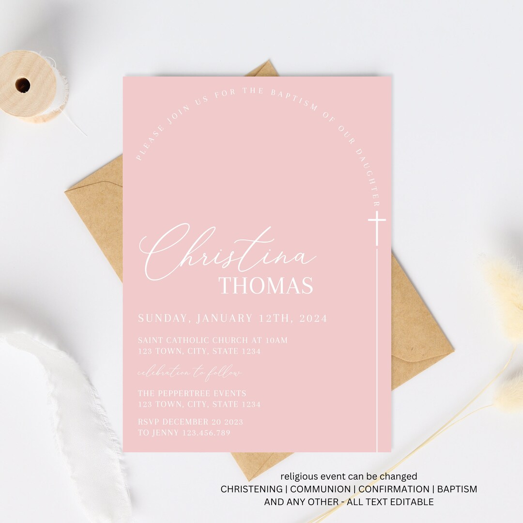 Pink Baptism Invitation Girl, Christening Invitation, Arch Baptism ...