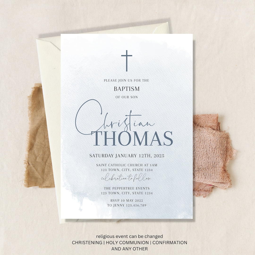 Blue Baptism Invitation, Boy Blue Christening Invitation Template, Blue ...