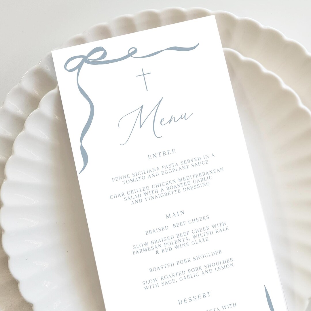 Bow Blue Baptism Menu, Blue Bow Christening Menu, Religious Menu for ...