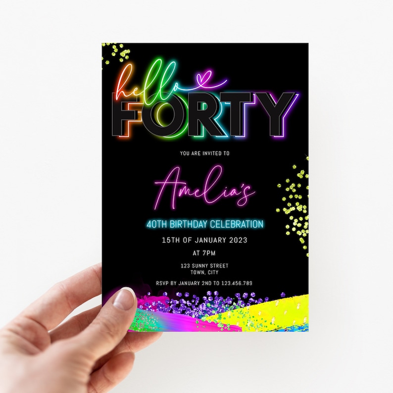 Neon Light Birthday Invitation, Glow Party, 40th Birthday, 80s Theme ...