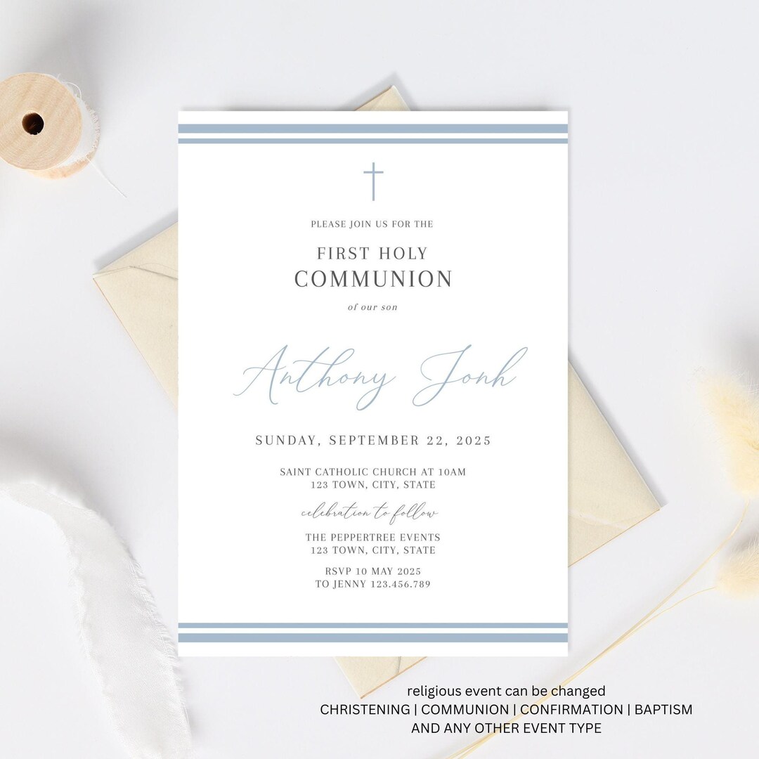 First Holy Communion Invitation Boy, Modern First Holy Communion Invite ...