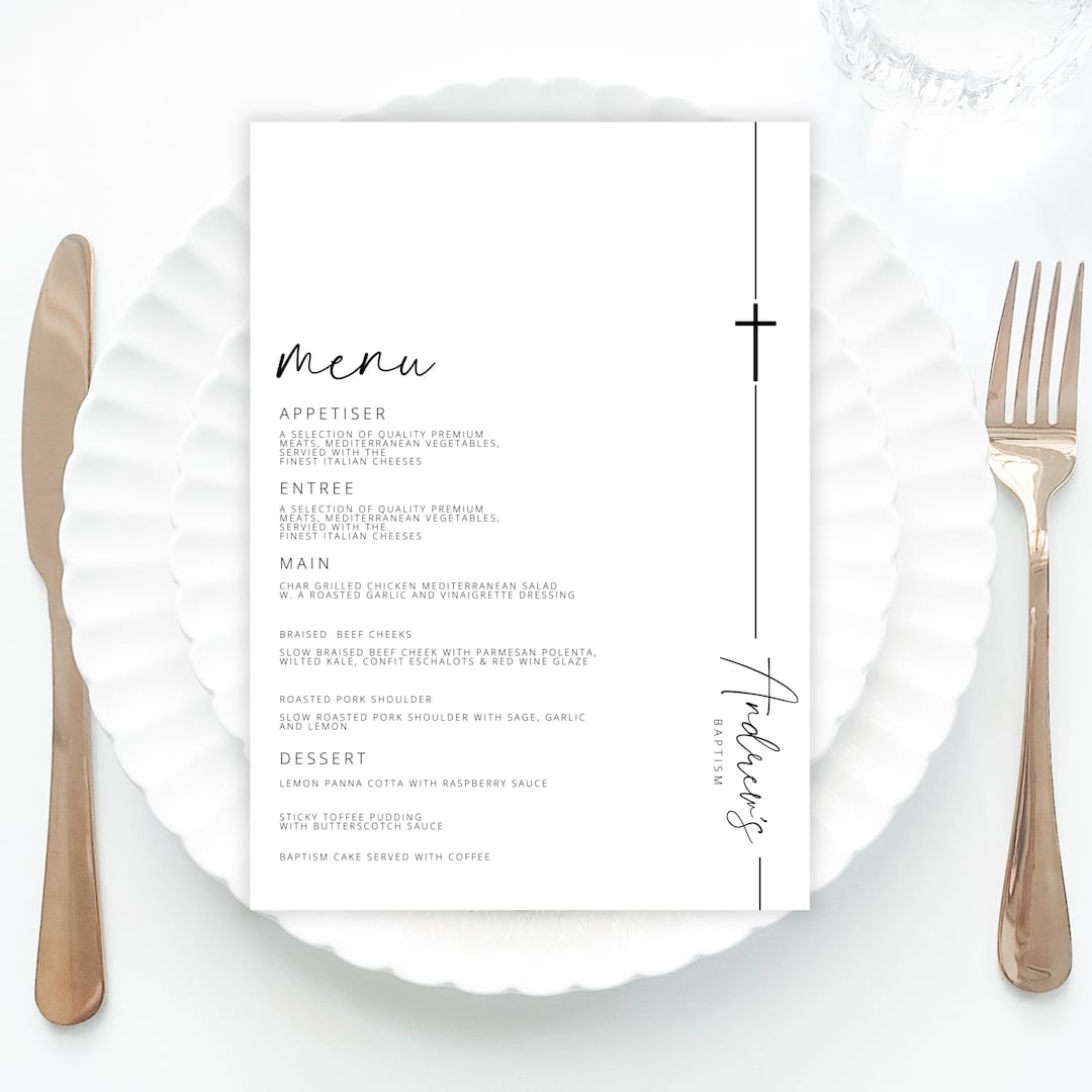 Baptism Menu Template Add Guest Names, Modern Christening Place Card ...