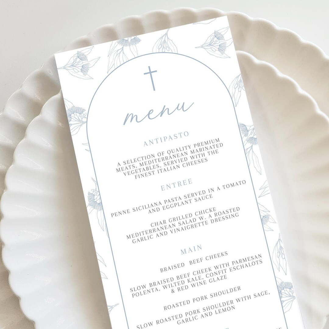 Blue Baptism Menu Template Add Guest Names, Greenery Baptism Place Card ...